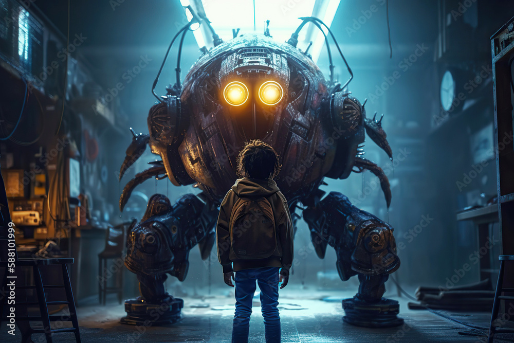 Little kid standing in street in front of giant evil robot, concept of ...