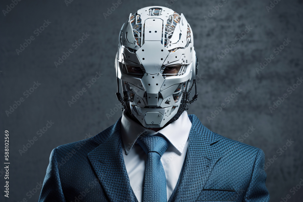 Futuristic robot head wearing business suit with tie, isolated on ...