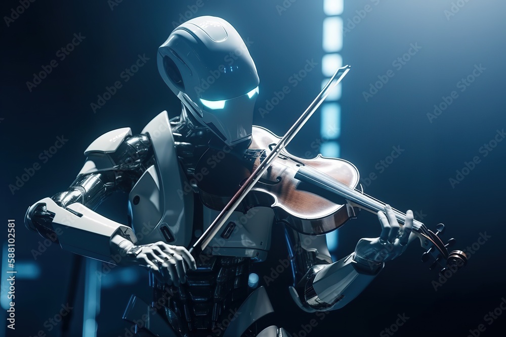 Futuristic robot playing violin on stage, replacing human job with ai ...