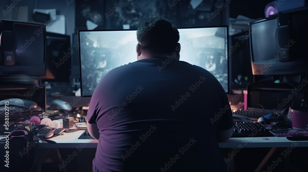 Video game addiction. Back view of man sitting in front of computer ...