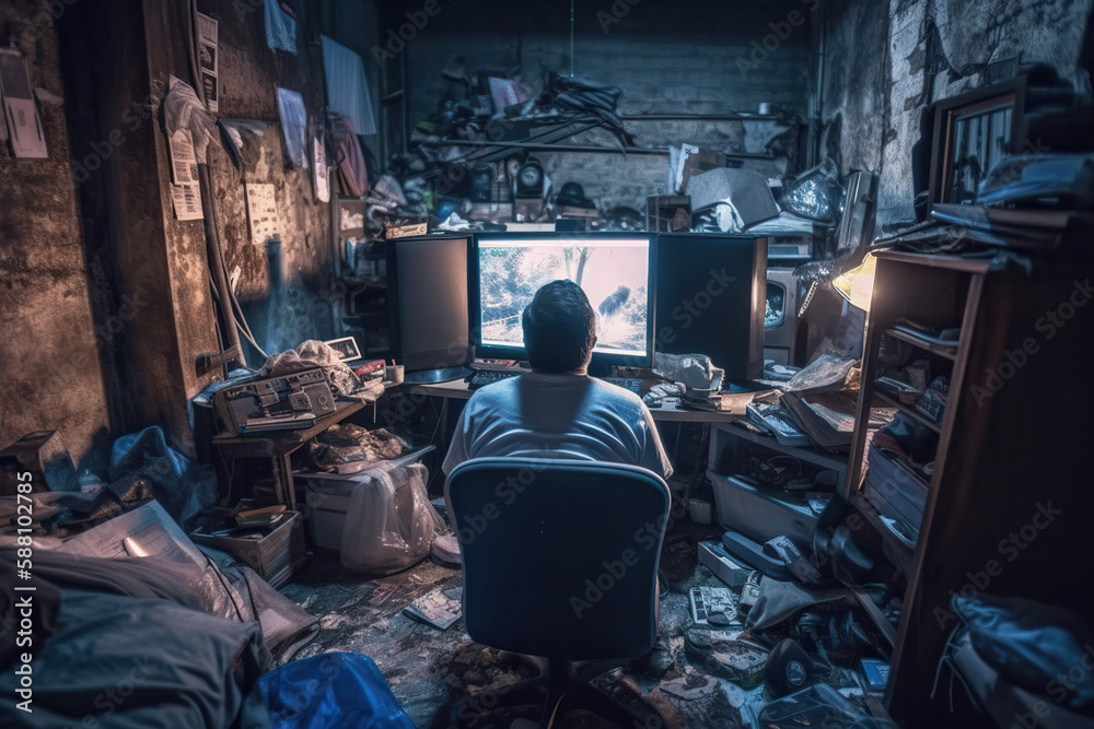 Video game addiction. Back view of man sitting in front of computer ...