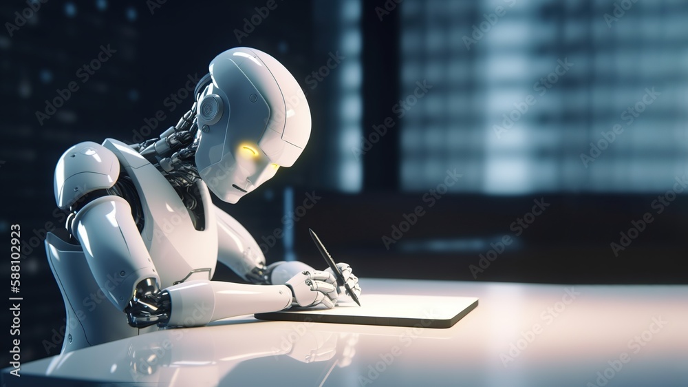 ChatGPT writing article or essay, futuristic robot assistant with pen ...