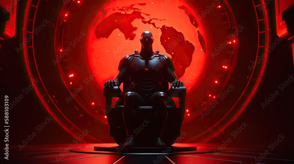 Evil robot rules the world, sitting on red throne, nightmare scenario ...