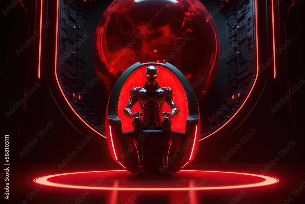 AI takeover concept. Evil robot rules the world, sitting on red throne ...