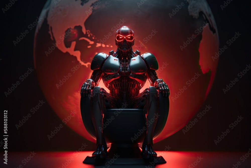 AI takeover concept. Evil robot rules the world, sitting on red throne ...