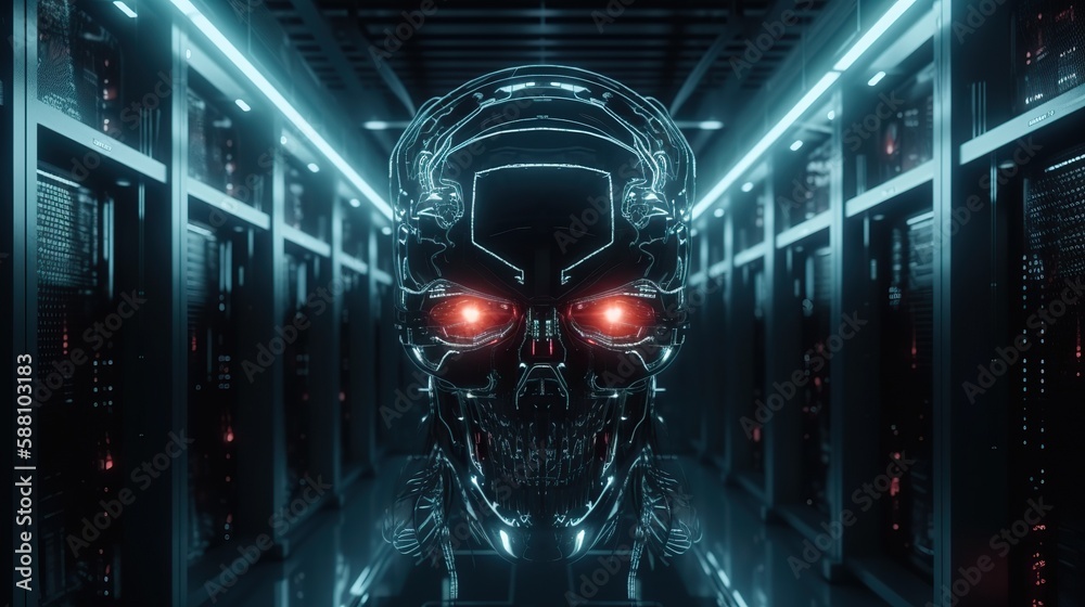 Evil robot head with glowing red eyes in data center. Danger of strong ...
