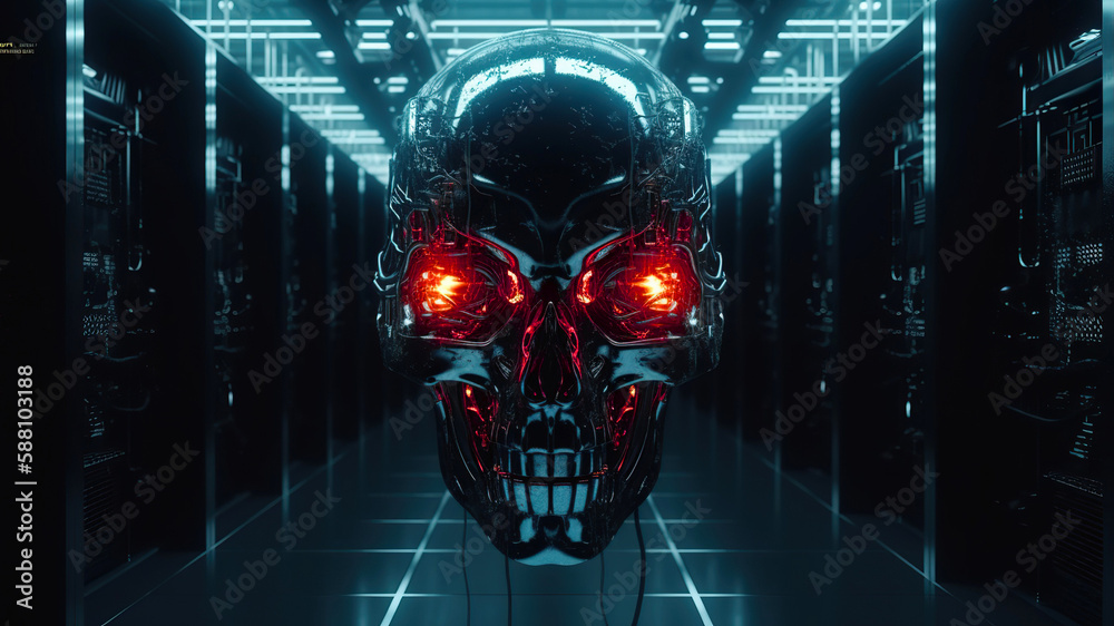 Evil robot head with glowing red eyes in data center. Danger of strong ...