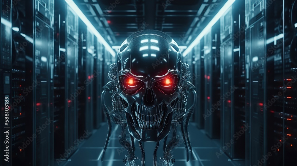 Evil robot head with glowing red eyes in data center. Danger of strong ...
