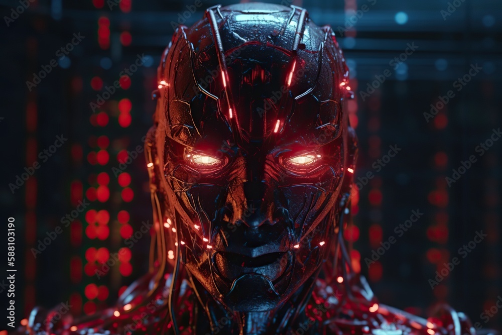 Evil robot head with glowing red eyes in data center. Danger of strong ...