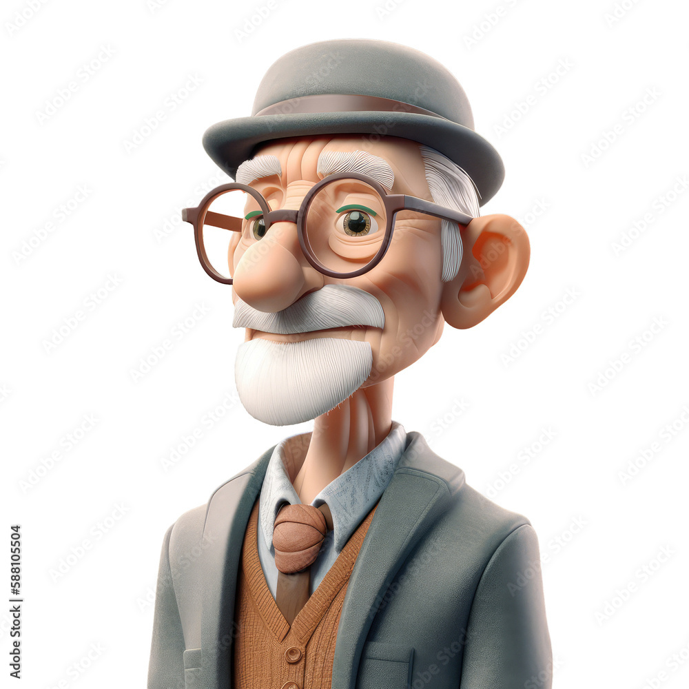 cute icon 3D old man avatar, elderly pensioner, senior grandfather portrait, happy retired ...