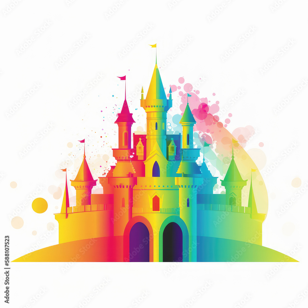 Rainbow color fairy tale castle illustration. Prince and princess ...