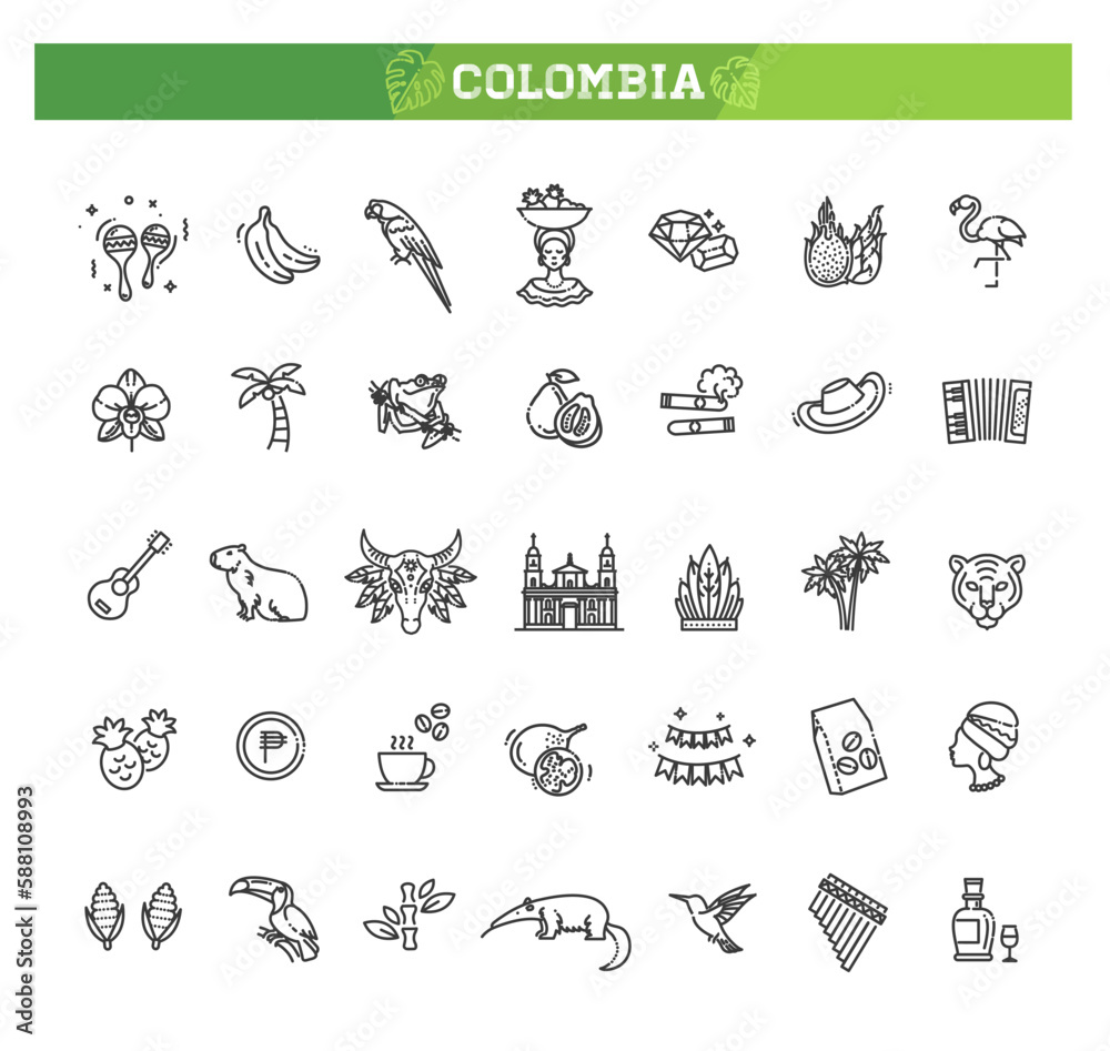 Set of colombia icons. Line art style icons bundle. vector illustration ...