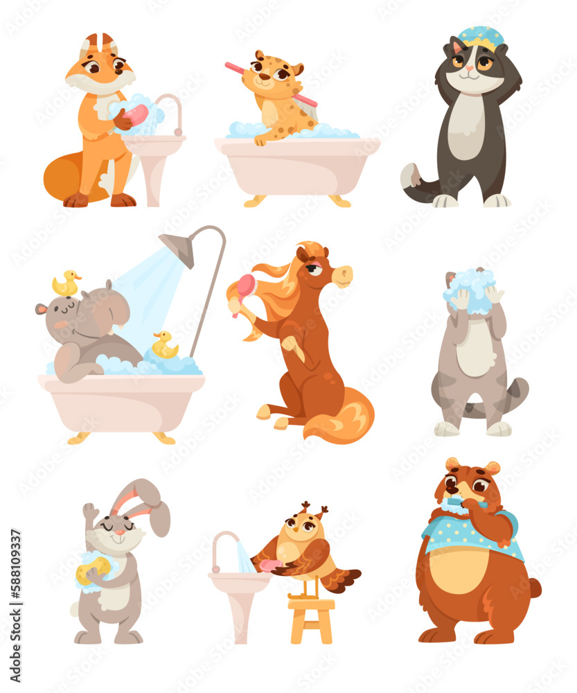Animal Characters and Hygiene Rules Washing and Grooming Vector Set ...