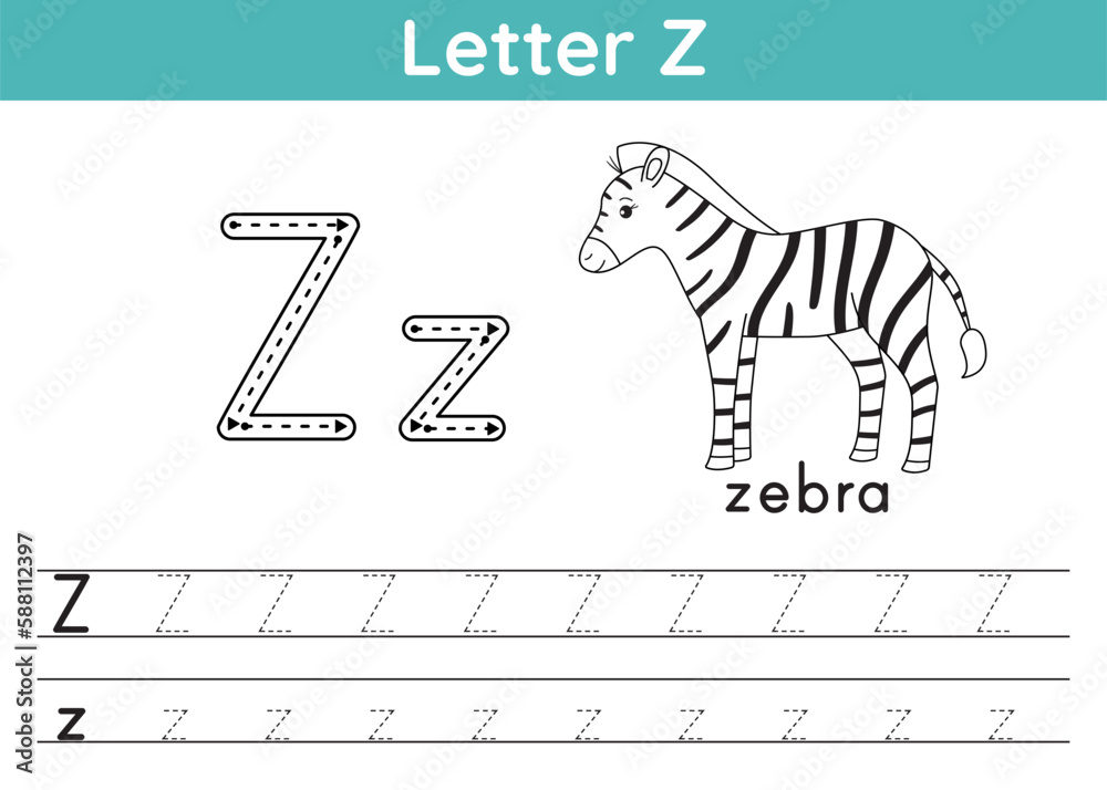 Alphabet ABC, a-z exercise. Coloring page. Trace letter Z. Vocabulary ...