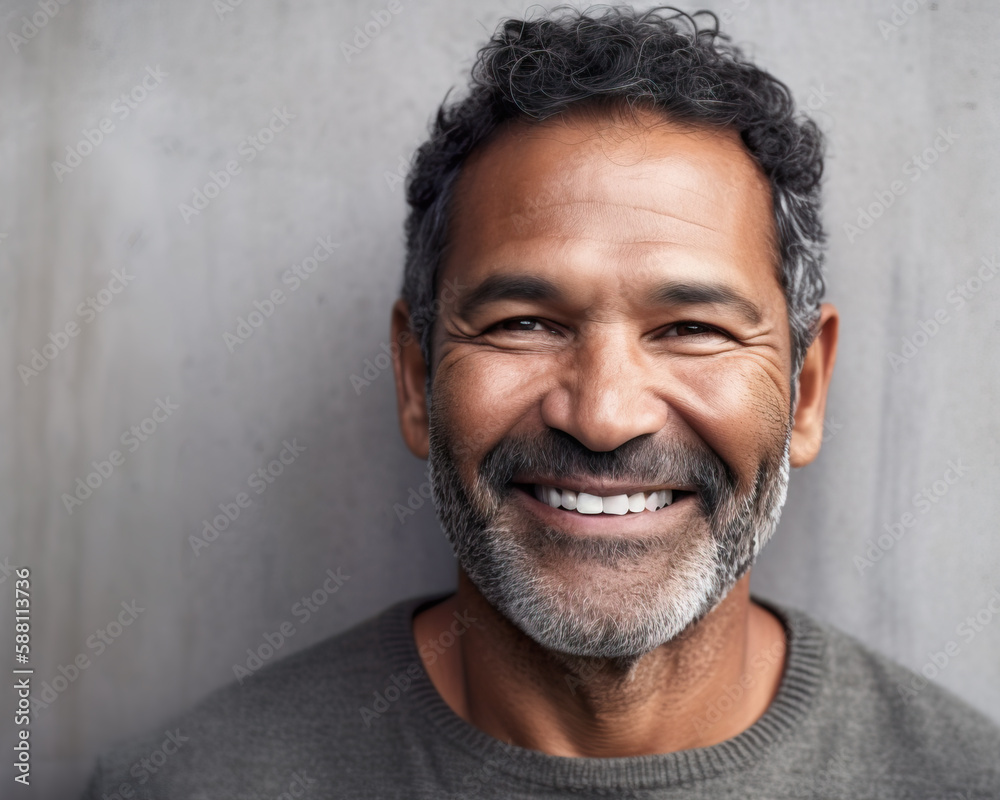 Handsome smiling 40 year old man standing in front of a grey wall ...