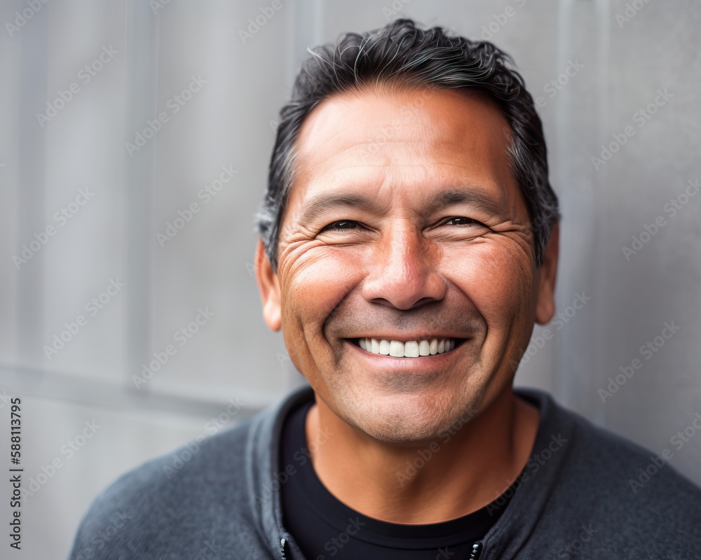 Smiling 40 year old man standing in front of a grey wall. Generative AI ...