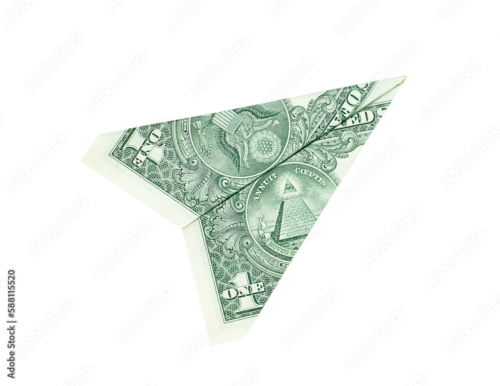 One dollar bill origami airplane isolated on transparent background ...