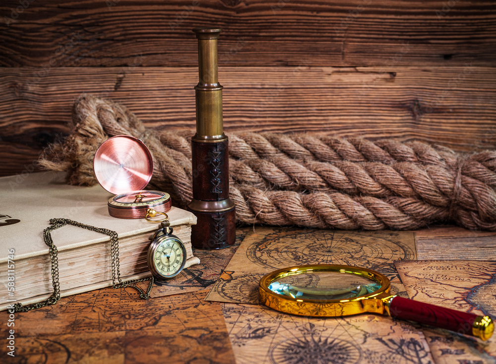 Old objects, book, magnifying glass, compass, pocket watch, spyglass ...