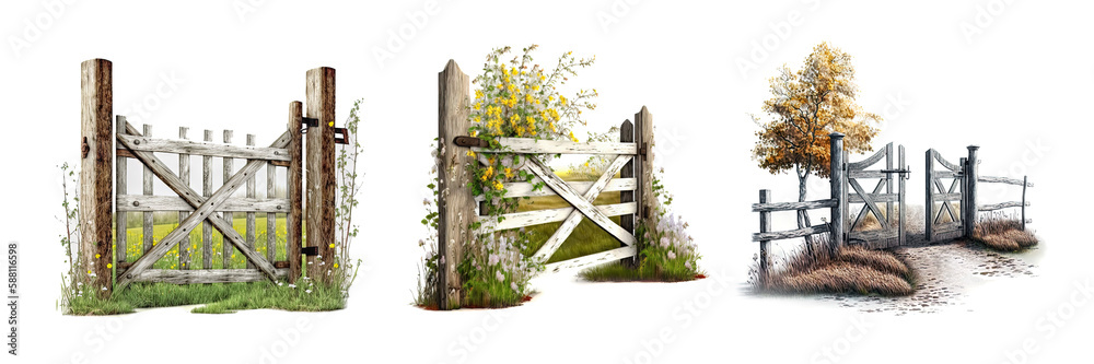 Collection of Wooden Gates in isolated on white background as design ...