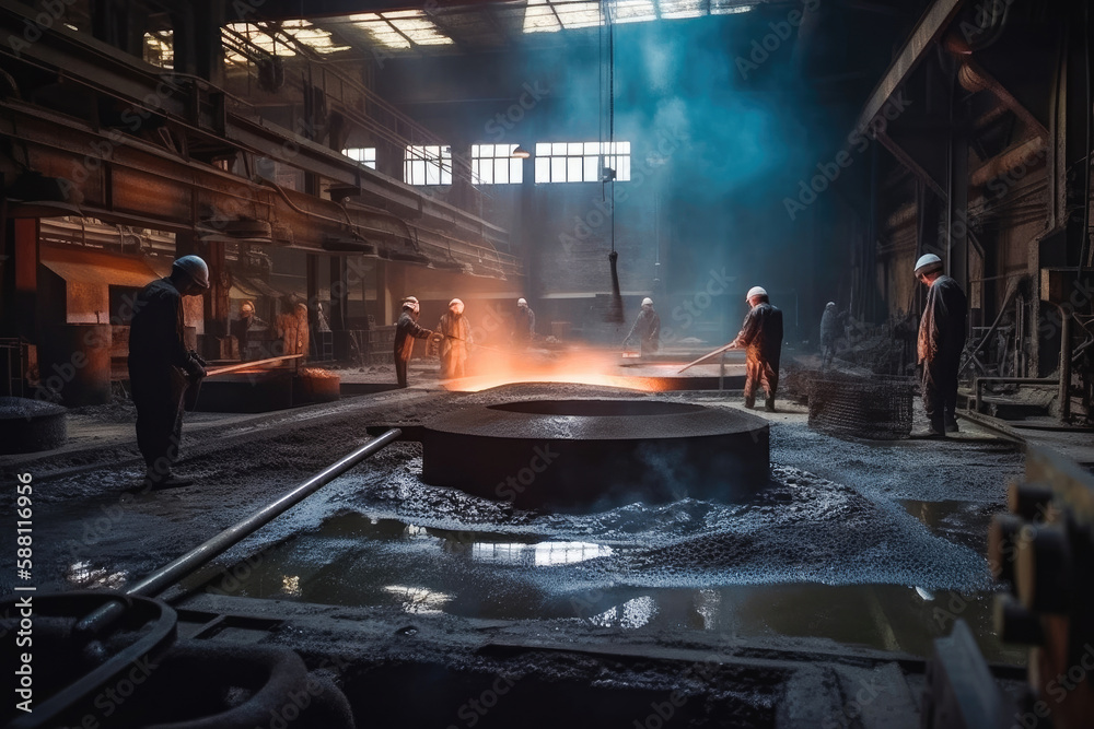 Cast iron process, liquid molten metal pouring in ladle. Generative AI ...