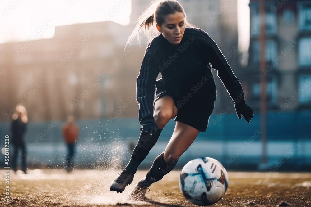 Woman football player playing football on the soccer field. Generative ...