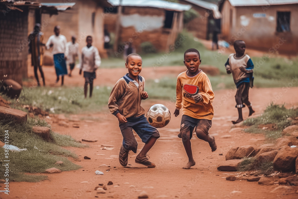 Children playing football outside, poor quarter, poverty and happiness ...