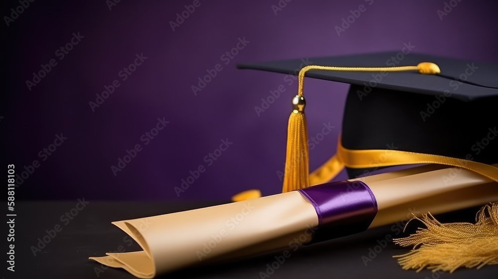 A purple and gold banner with a graduation cap and diploma for ...