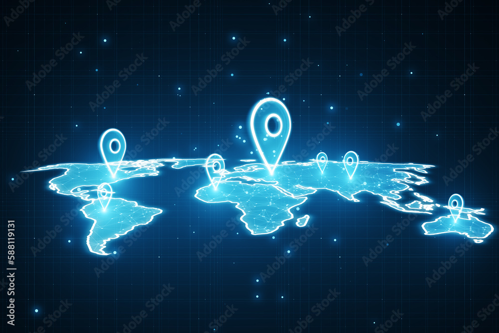 glowing map with location pins on blurry blue background. GPS and ...