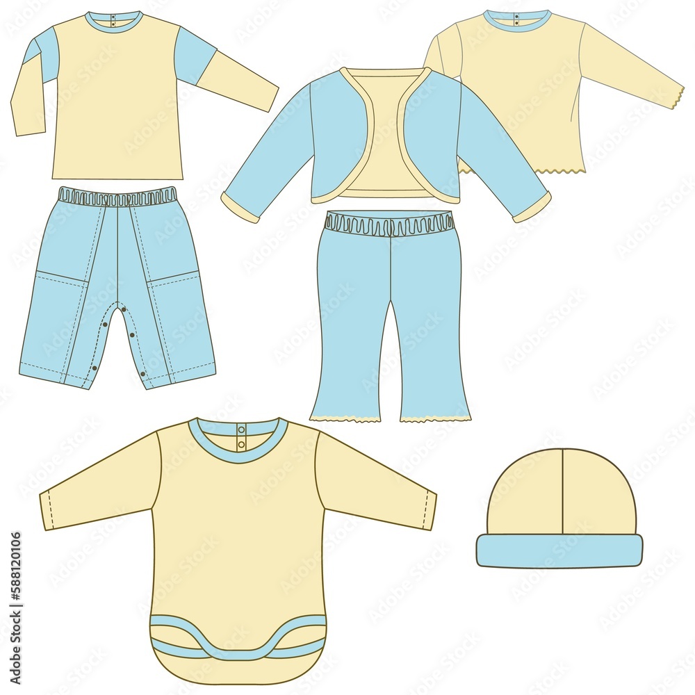 Baby clothes flat sketch template isolated. Baby fashion, baby clothes ...