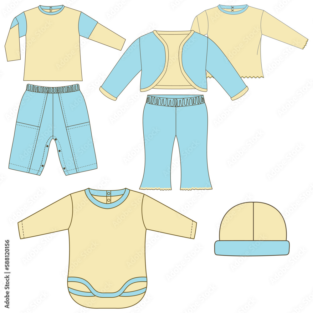 Baby clothes flat sketch template isolated. Baby fashion, baby clothes ...