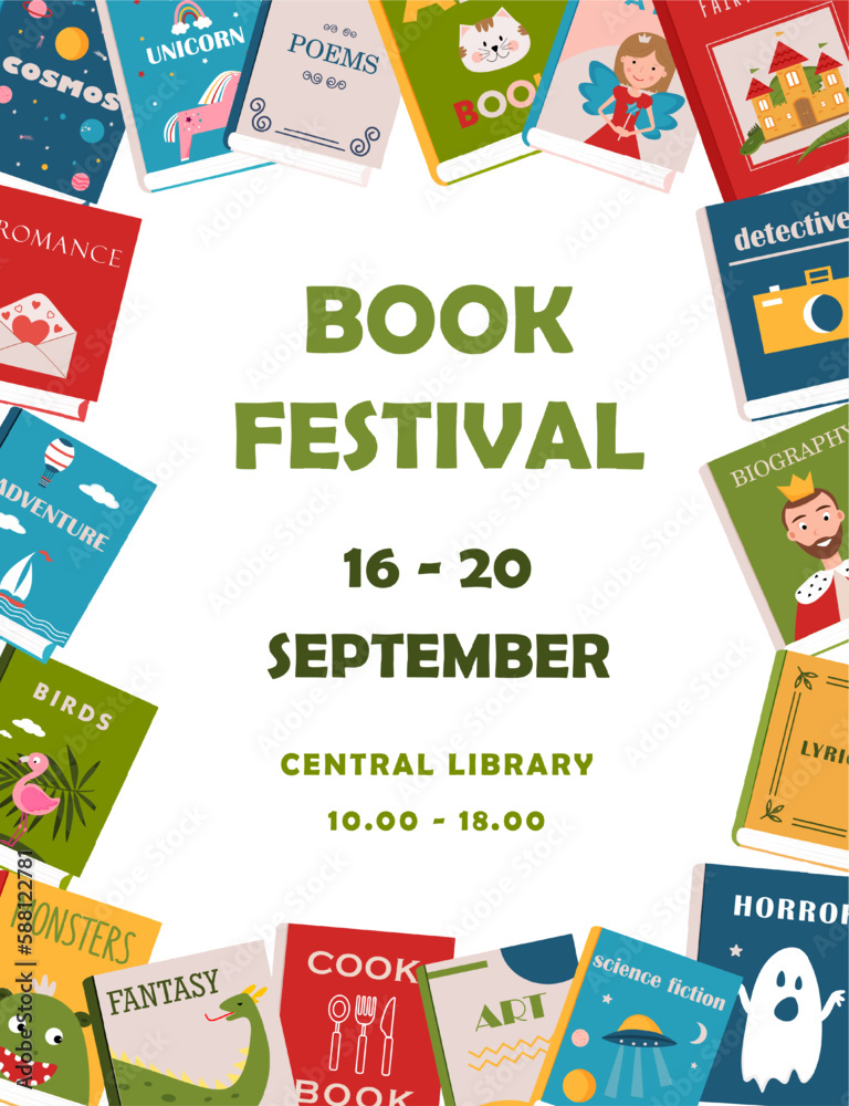 Book festival poster for advertising. Vertical poster for book fair ...