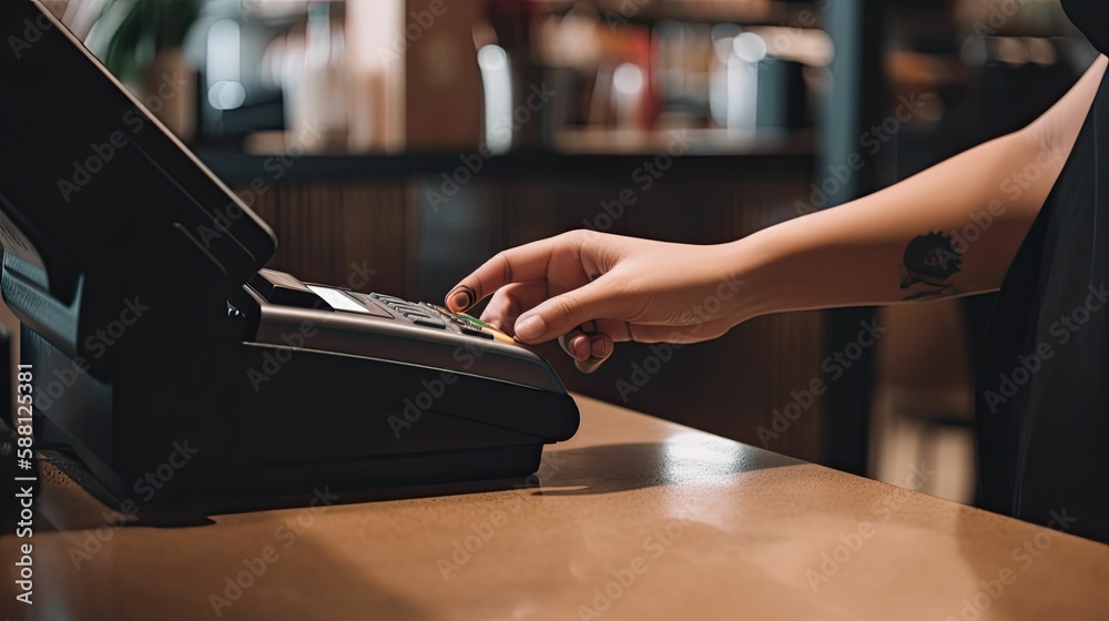 Cashier typing on the keyboard of a cash register. Generative AI ...