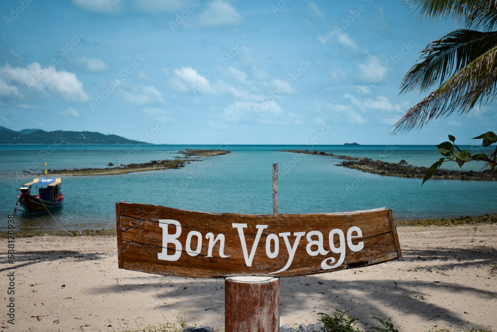 Bon Voyage sign on a paradise island beach in the Gulf of Thailand ...