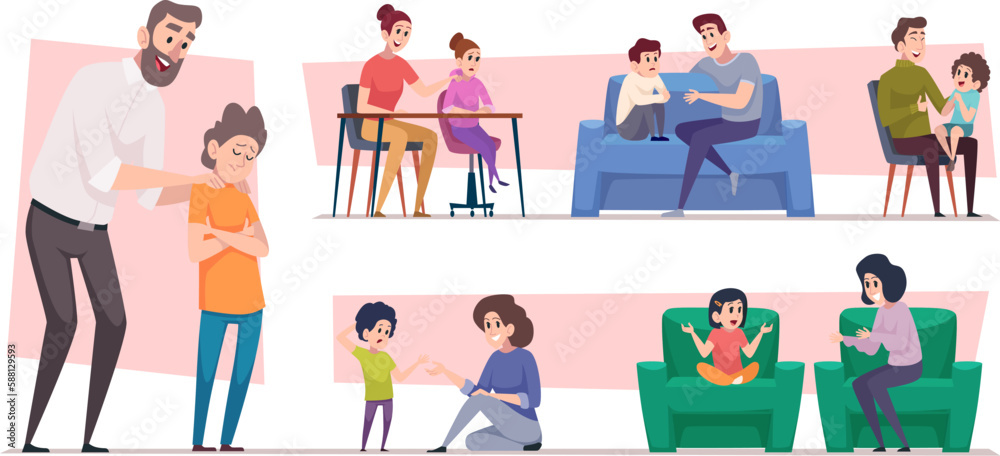 Kids dialog. Family talks mother and father talking with kids exact ...