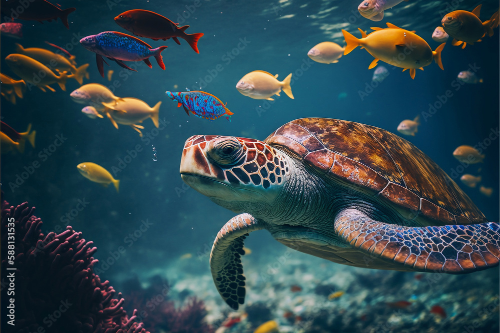 turtles swimming in the ocean with the sun shining on them and the ...