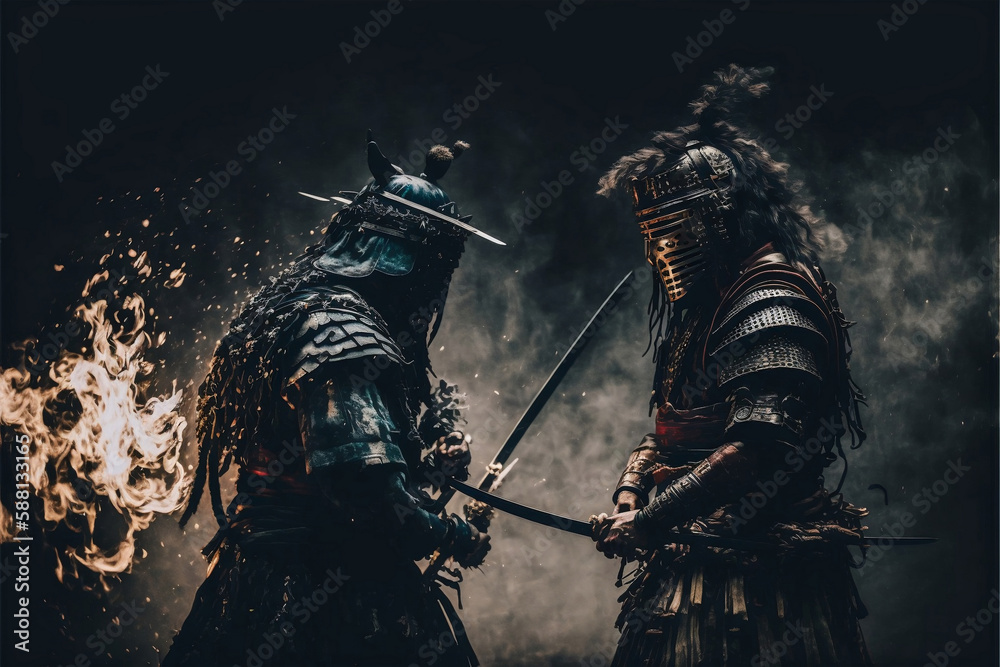 person with a sword, samurai duel with rivals in the evening the ...