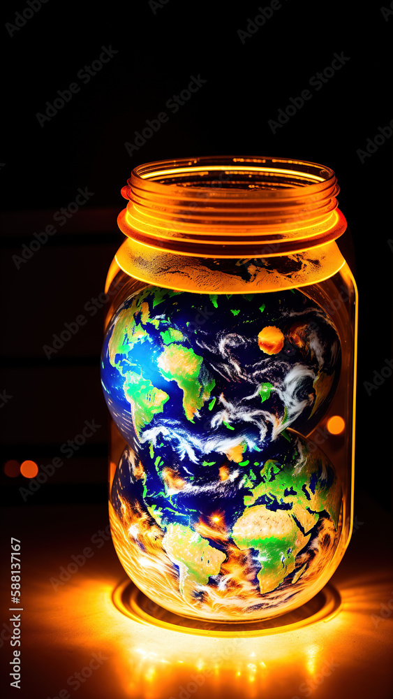 planet earth in a jar on a neon lit table, planet earth, colourful ...