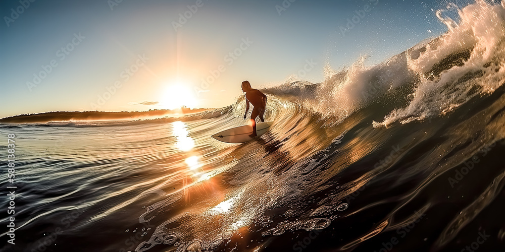 A wave of energy crashes against the beach, sending surfers gliding ...