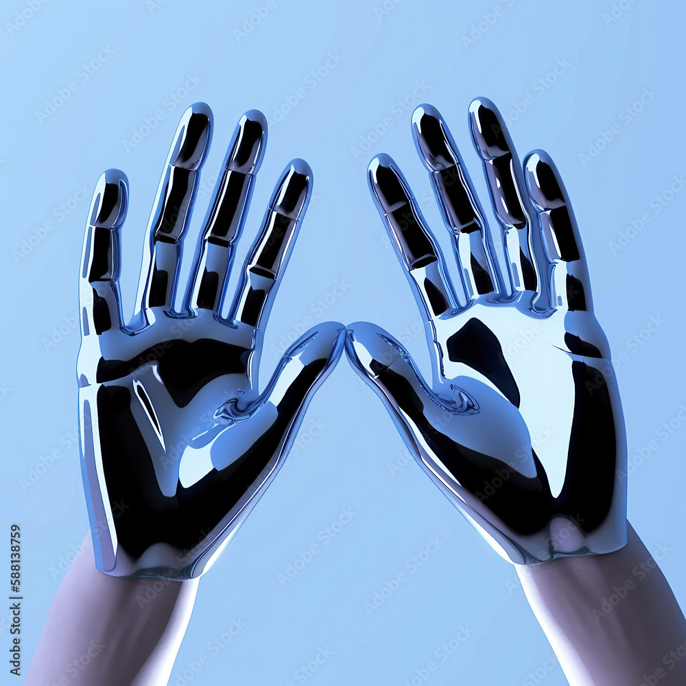 2 blue metallic hands up in the air, mirror and reflective, hand ...