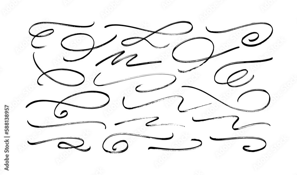 Hand drawn collection of curly swishes, swashes and wavy lines. Vector ...