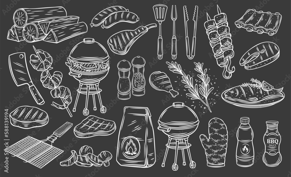 BBQ grill outline sketches set vector illustration. Hand drawn ...