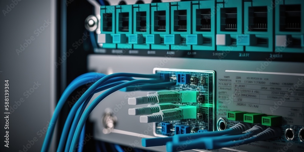 Computer server room with Ethernet cabling and a network switch. WiFi ...