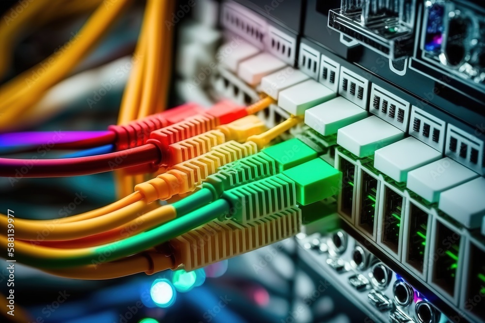 Computer server room with Ethernet cabling and a network switch. WiFi ...