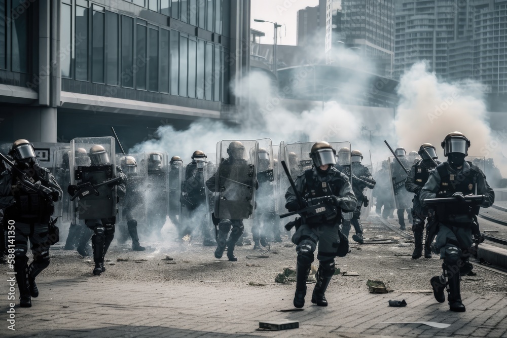 Officers are dressed in riot gear and are using shields and batons to ...