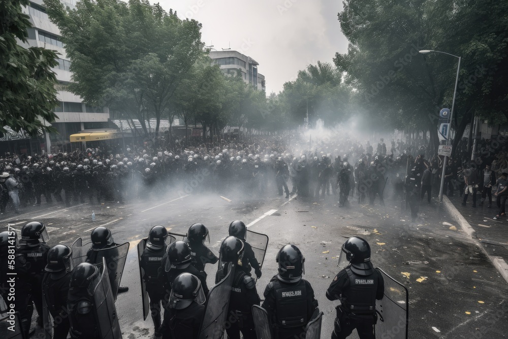 Officers are dressed in riot gear and are using shields and batons to ...