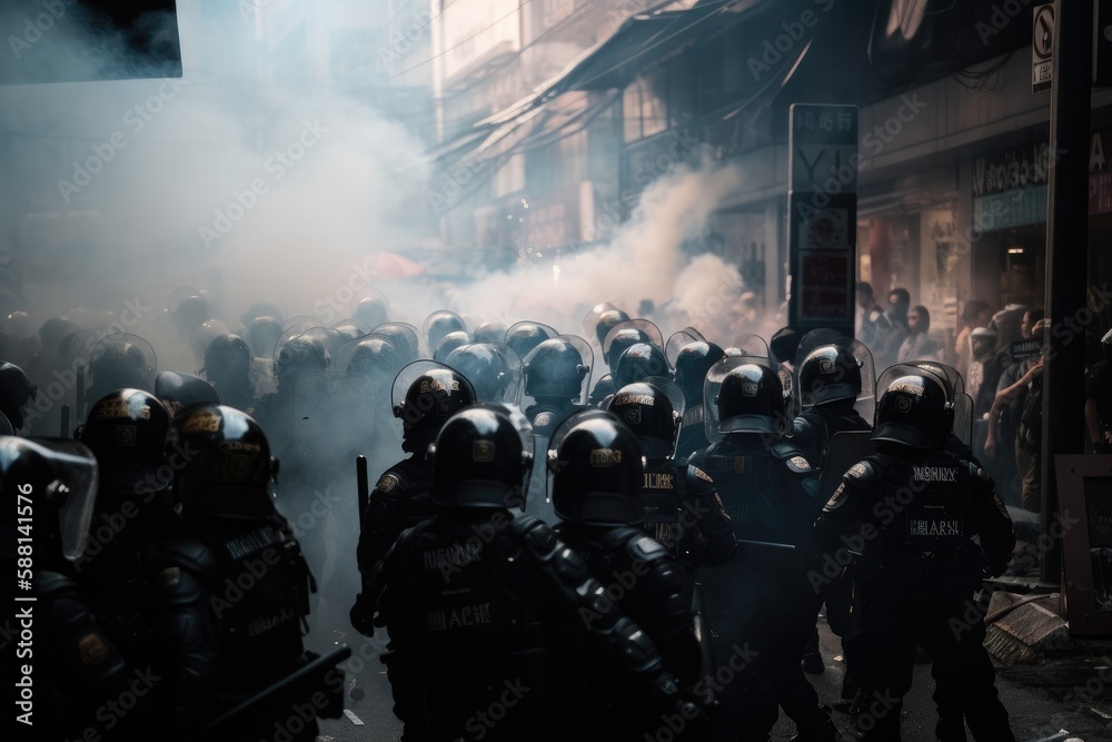 Officers are dressed in riot gear and are using shields and batons to ...