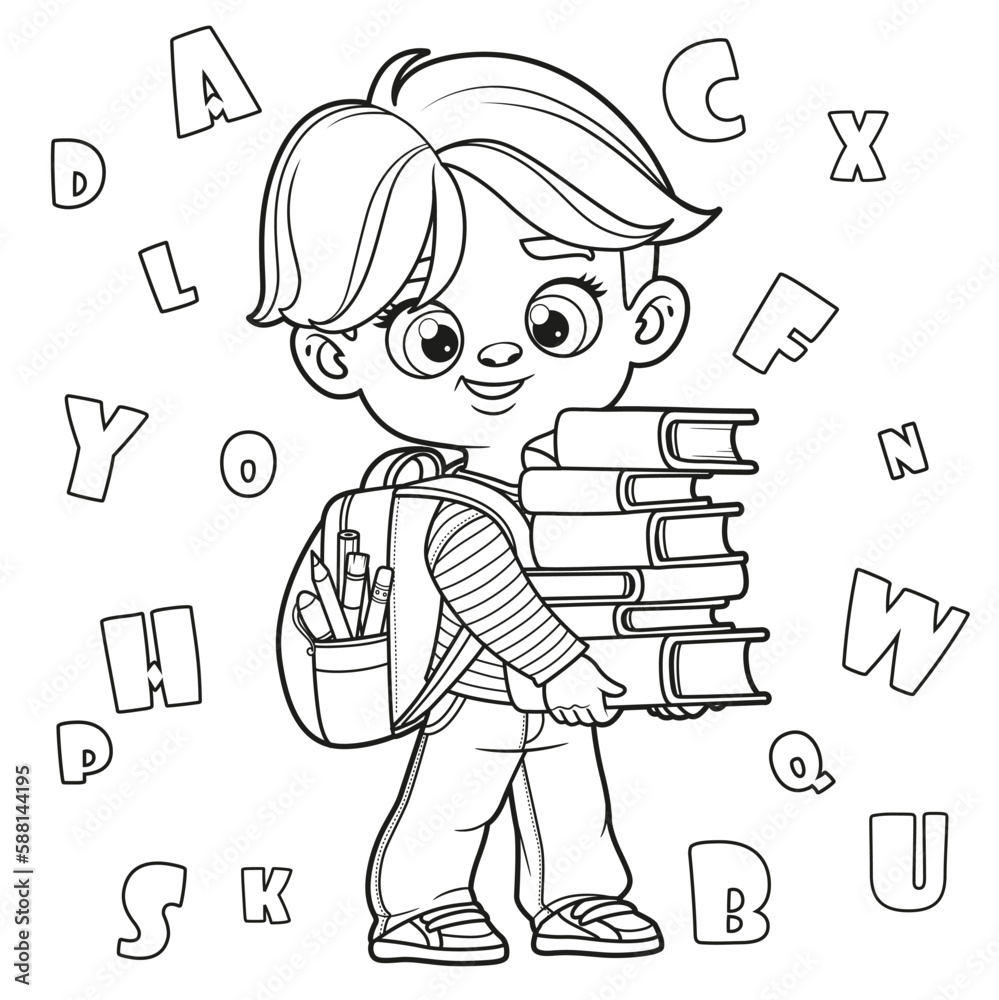 Cute cartoon boy holding large stack of books outlined for coloring ...