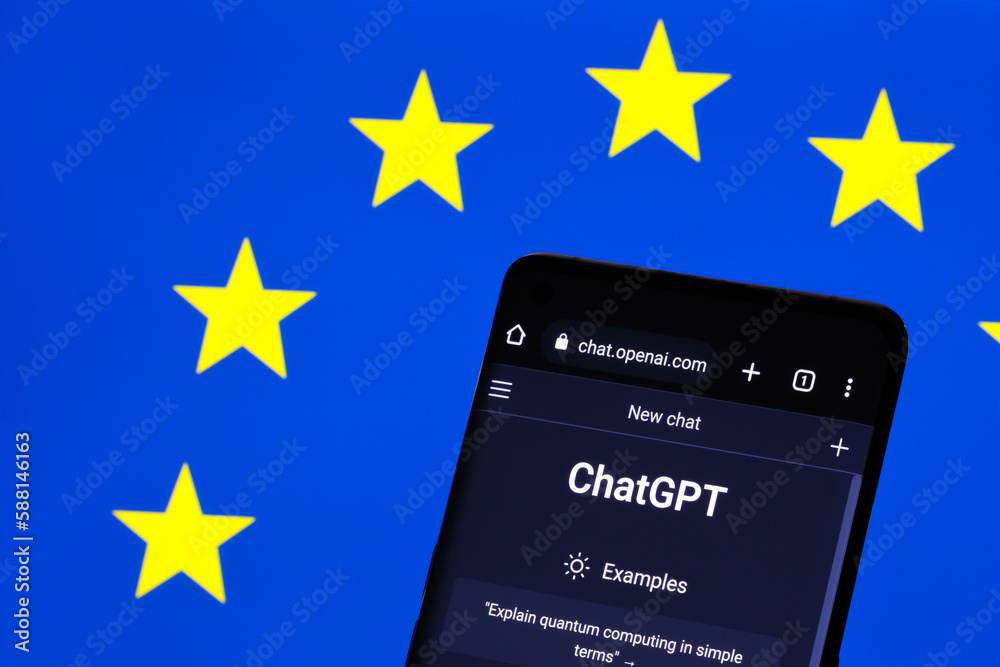 Foto de ChatGPT chat bot seen on smartphone and flag of EU on the ...