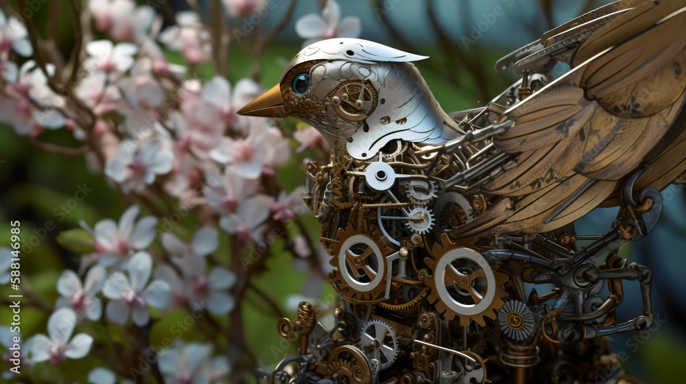 Mechanical Robot Bird with Sakura Tree Branch and Gears, generative ai ...