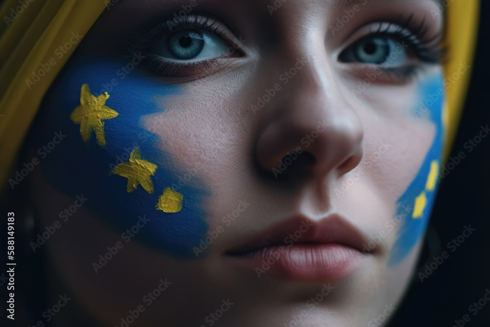 Close up of a female face with ukrainian colors created with generative ...